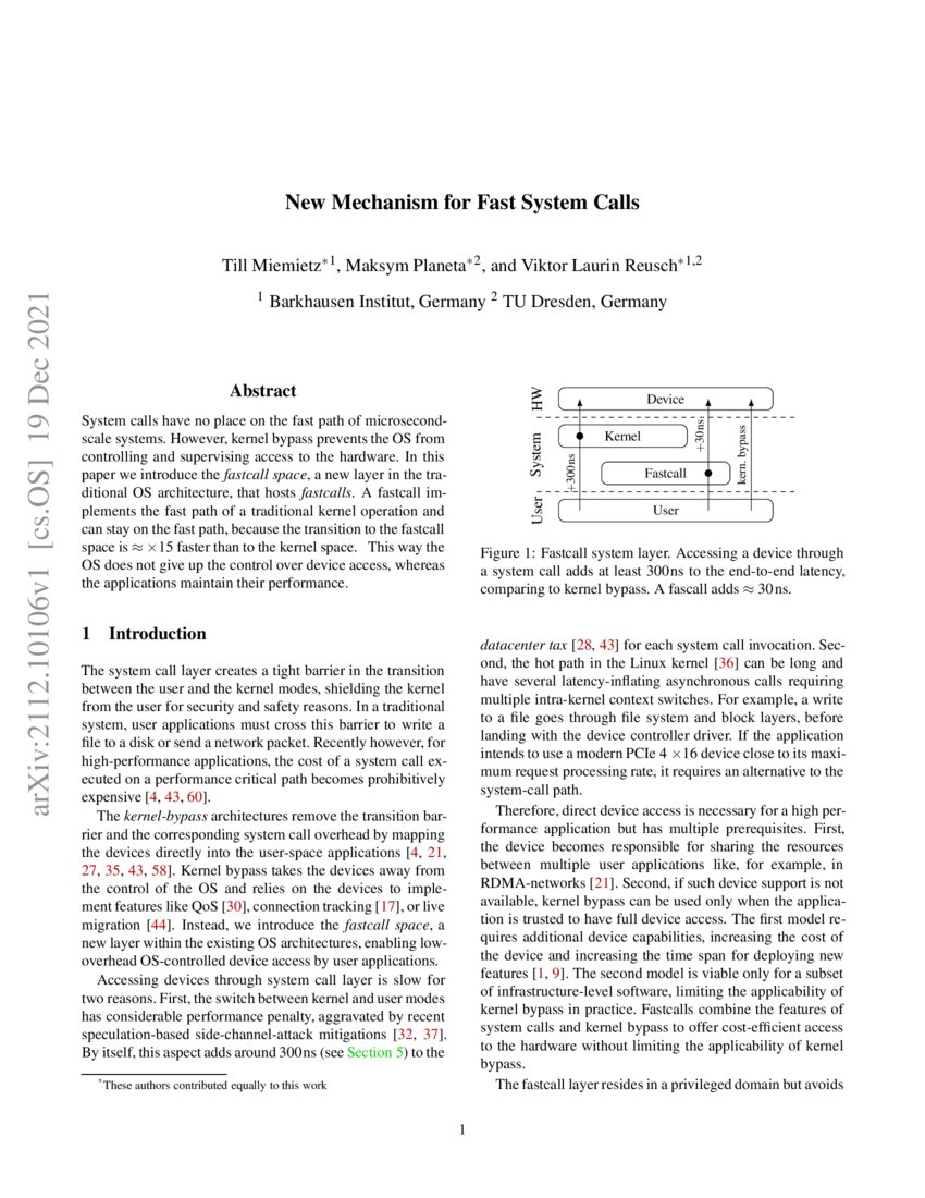 New Mechanism for Fast System Calls | DeepAI