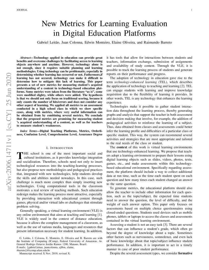 New Metrics for Learning Evaluation in Digital Education Platforms | DeepAI
