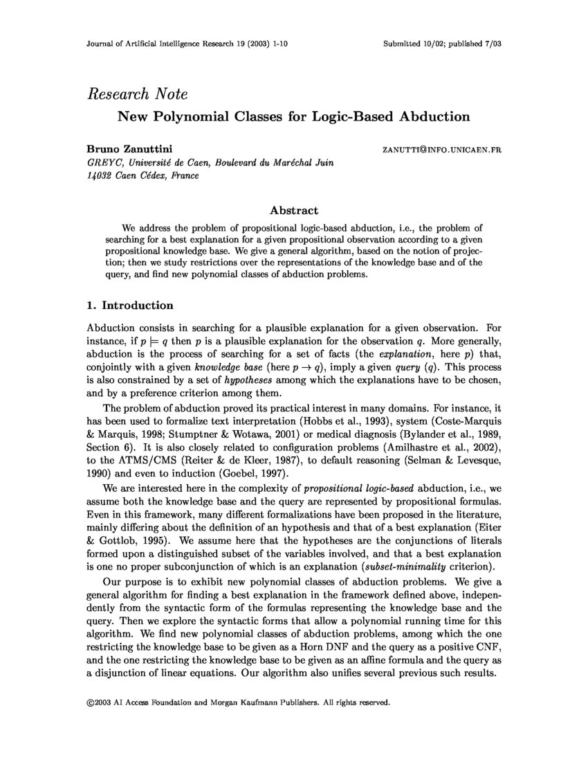New Polynomial Classes for Logic-Based Abduction | DeepAI