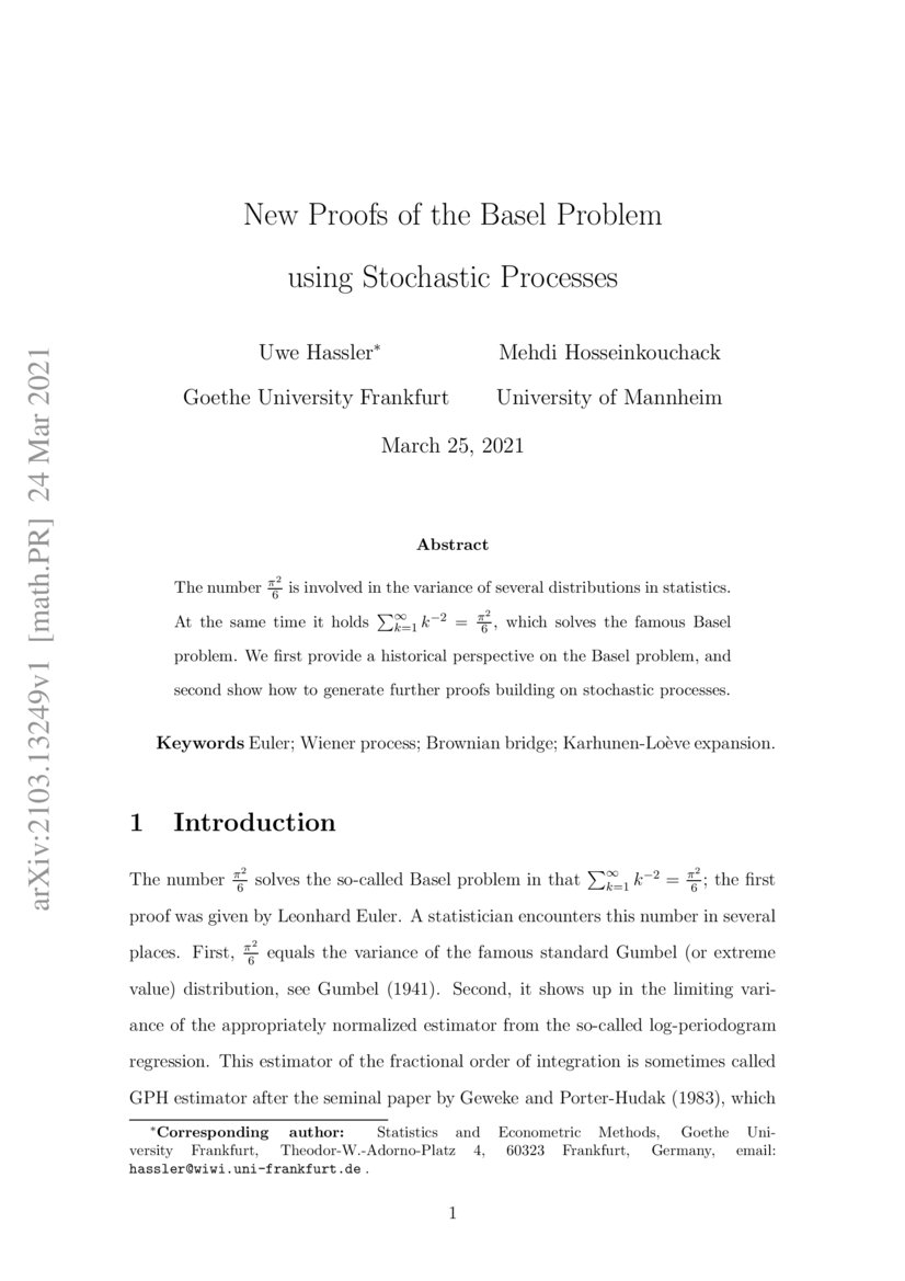 New Proofs of the Basel Problem using Stochastic Processes | DeepAI