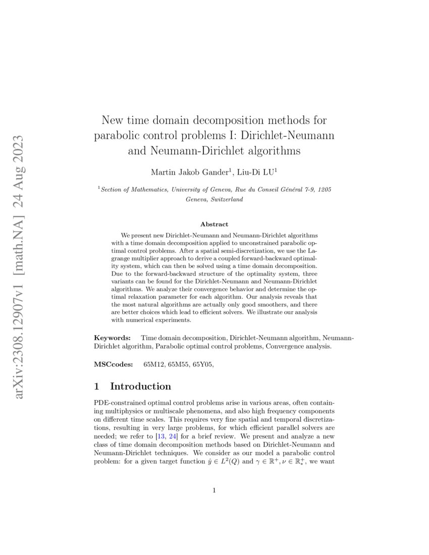 New time domain decomposition methods for parabolic control problems I: Dirichlet-Neumann and ...