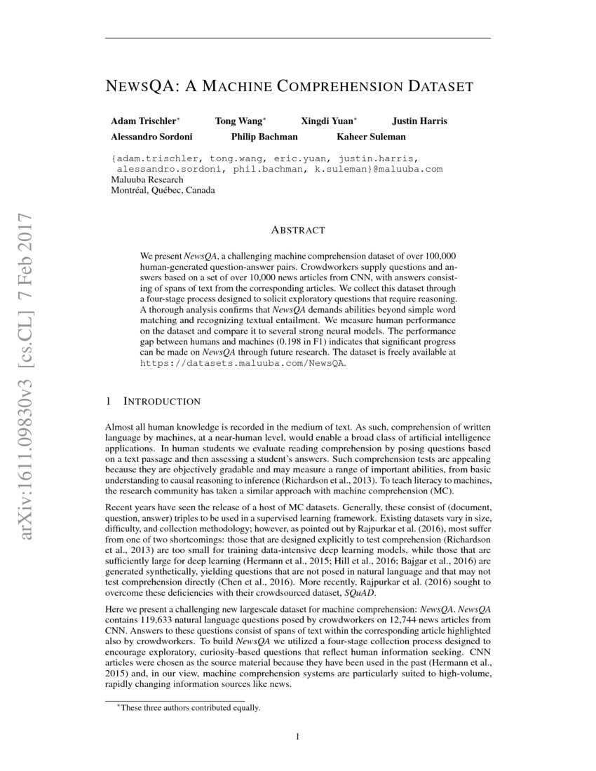 NewsQA: A Machine Comprehension Dataset | DeepAI