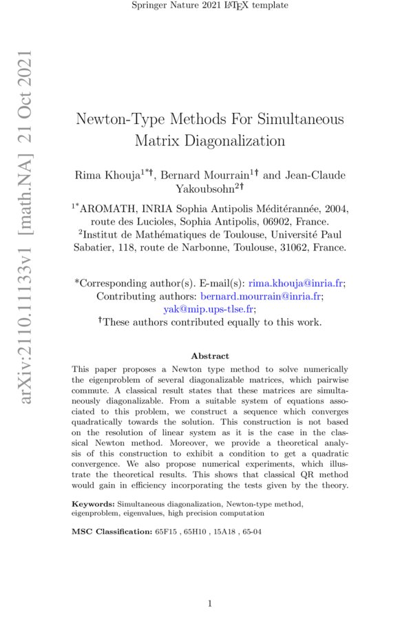 Newton Type Methods For Simultaneous Matrix Diagonalization Deepai