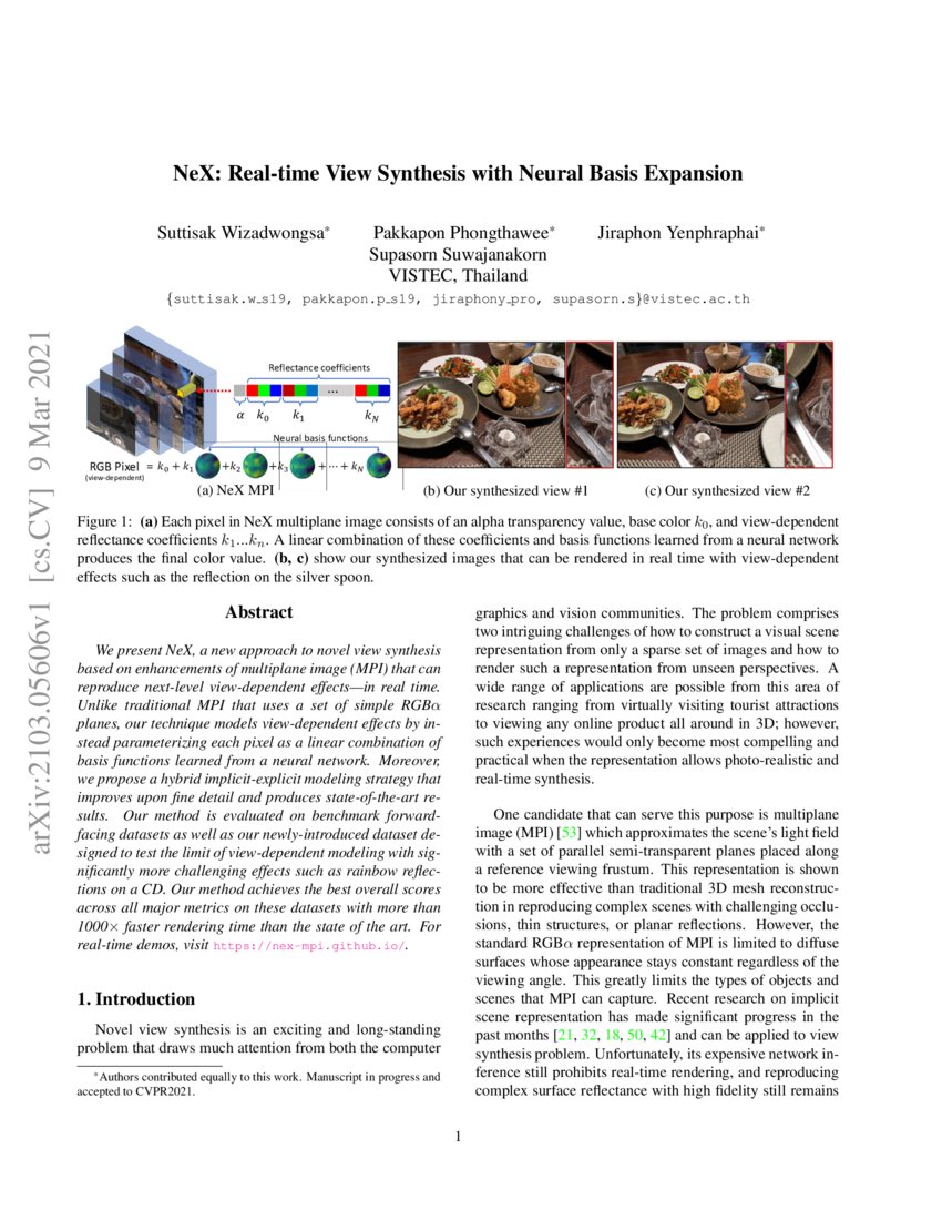 NeX: Real-time View Synthesis with Neural Basis Expansion | DeepAI