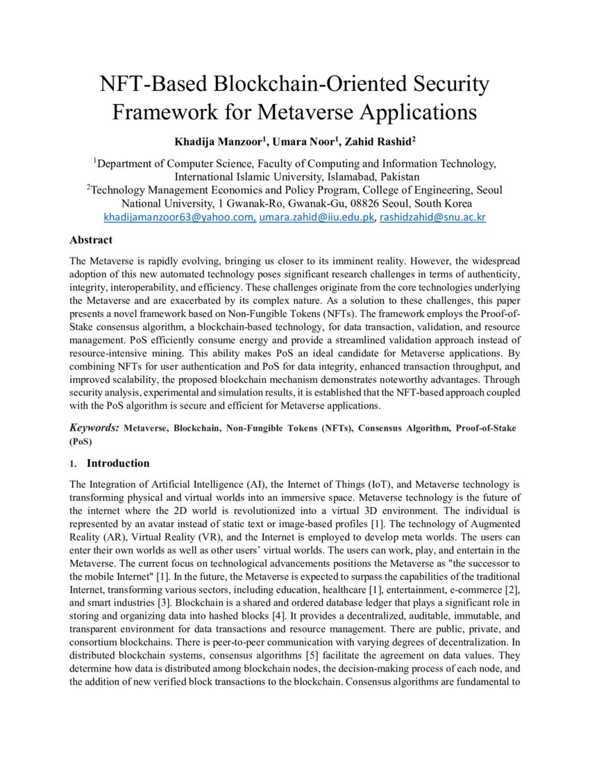 Nft Based Blockchain Oriented Security Framework For Metaverse