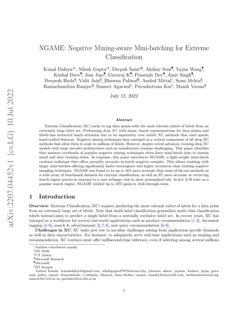 NGAME: Negative Mining-aware Mini-batching for Extreme Classification ...