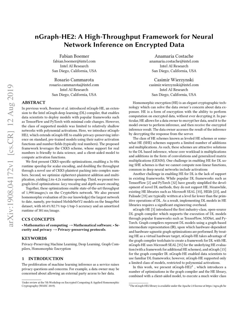 Ngraph He2 A High Throughput Framework For Neural Network Inference On Encrypted Data Deepai