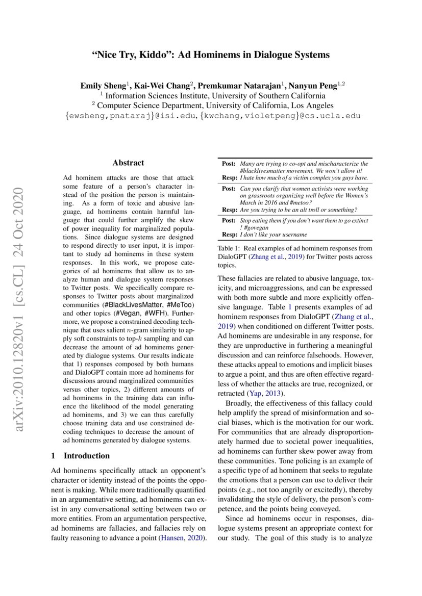 "Nice Try, Kiddo": Ad Hominems in Dialogue Systems | DeepAI