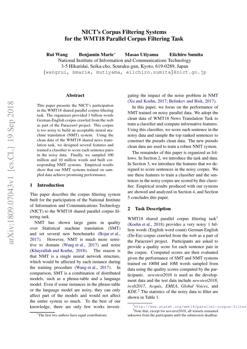 NICT's Corpus Filtering Systems for the WMT18 Parallel Corpus Filtering ...