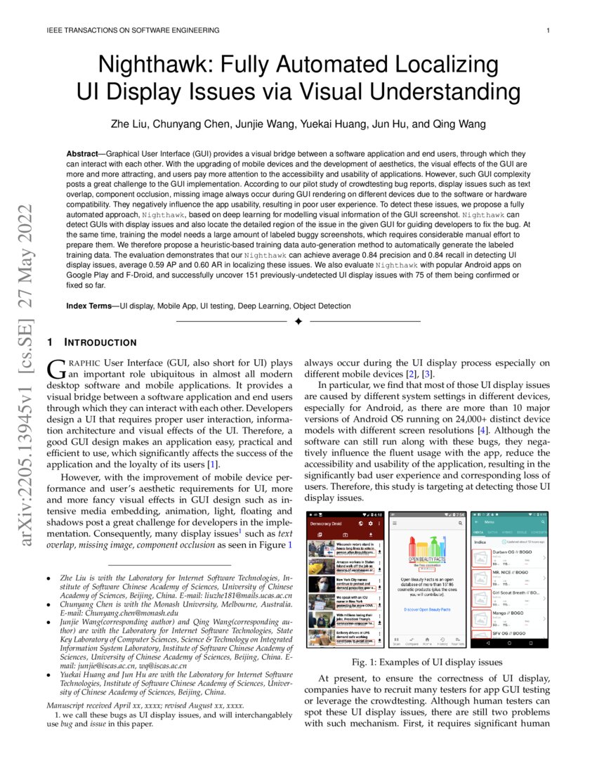 Nighthawk: Fully Automated Localizing UI Display Issues via Visual Understanding | DeepAI