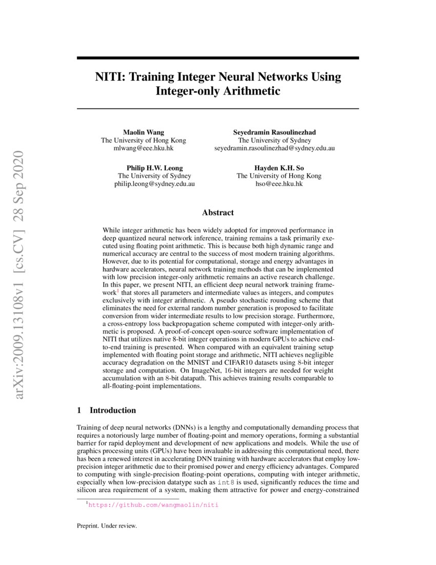 Niti Training Integer Neural Networks Using Integer Only Arithmetic