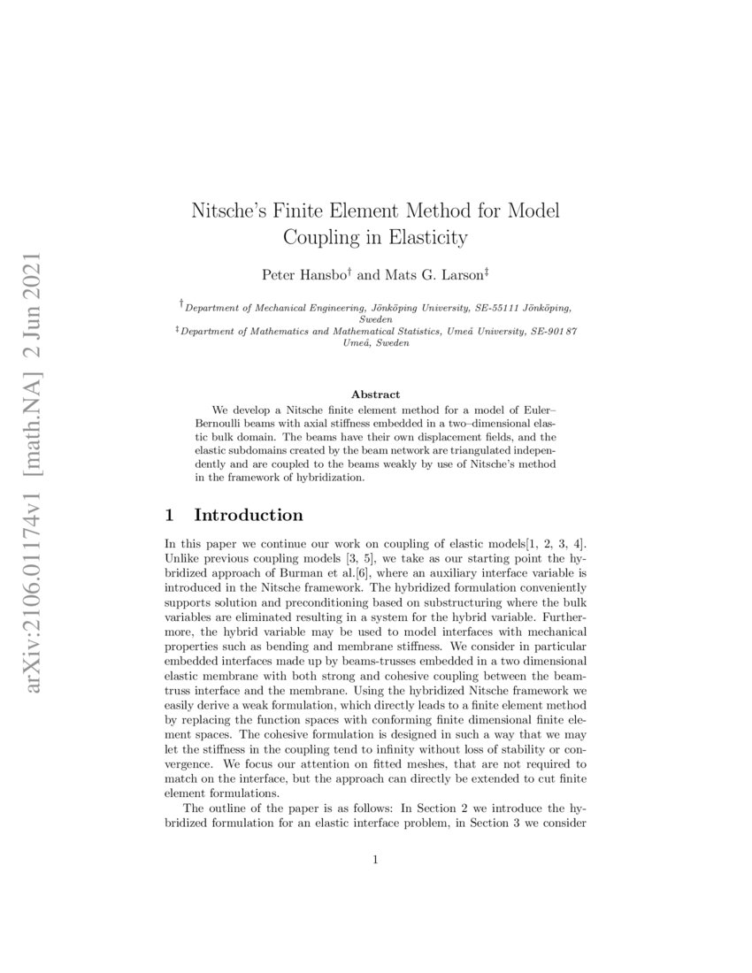 Nitsche S Finite Element Method For Model Coupling In Elasticity Deepai