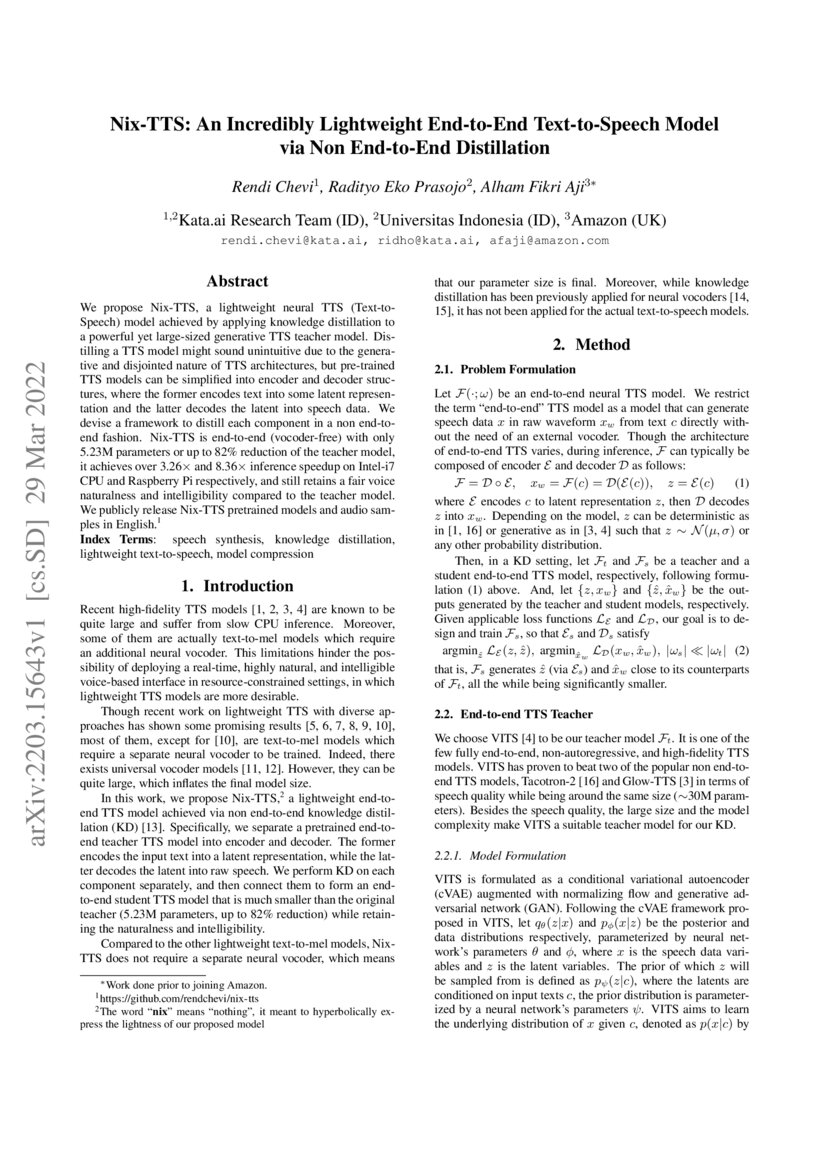 Nix-TTS: An Incredibly Lightweight End-to-End Text-to-Speech Model via Non End-to-End ...