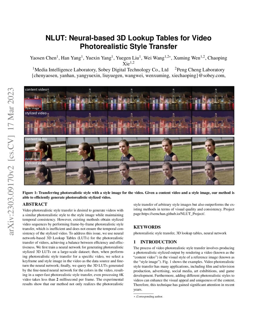 NLUT: Neural-based 3D Lookup Tables for Video Photorealistic Style Transfer | DeepAI