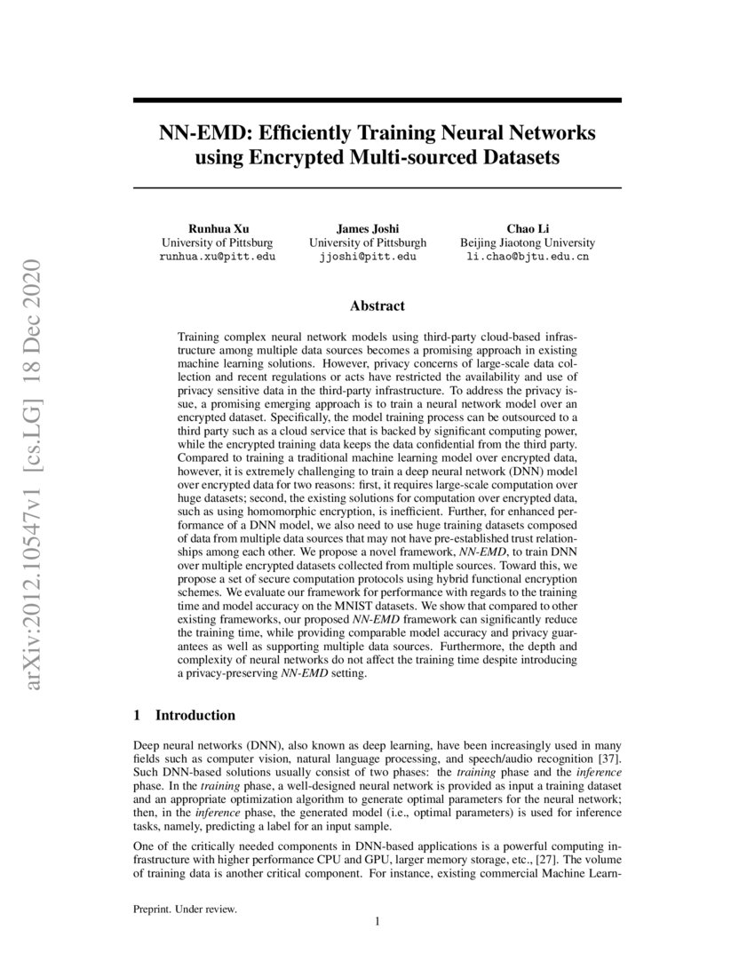 Nn Emd Efficiently Training Neural Networks Using Encrypted Multi Sourced Datasets Deepai