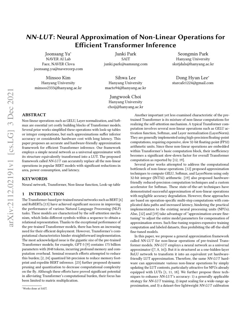 NN-LUT: Neural Approximation of Non-Linear Operations for Efficient Transformer Inference | DeepAI