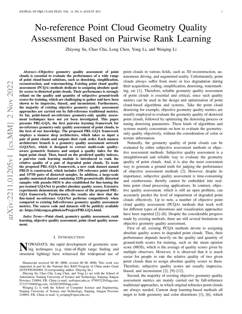 No-reference Point Cloud Geometry Quality Assessment Based on Pairwise ... No-reference Point Cloud Geometry Quality Assessment Based on Pairwise ...