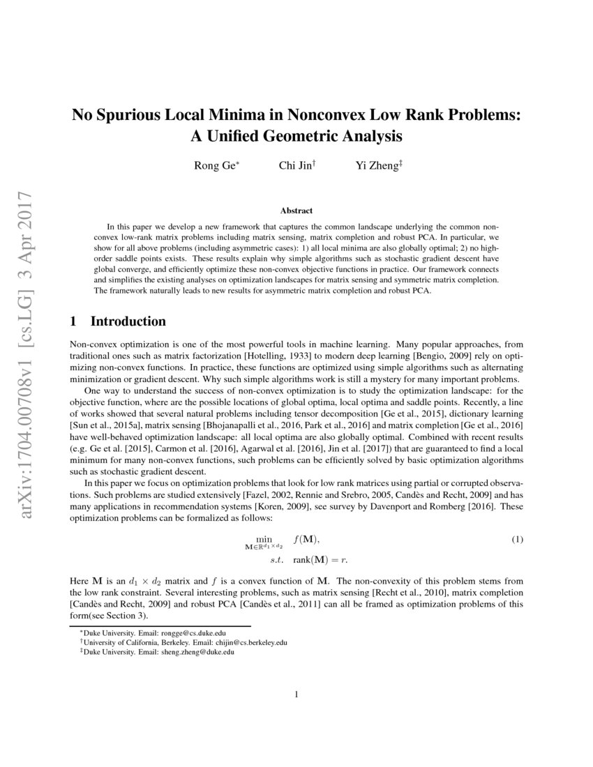 No Spurious Local Minima in Nonconvex Low Rank Problems: A Unified ...