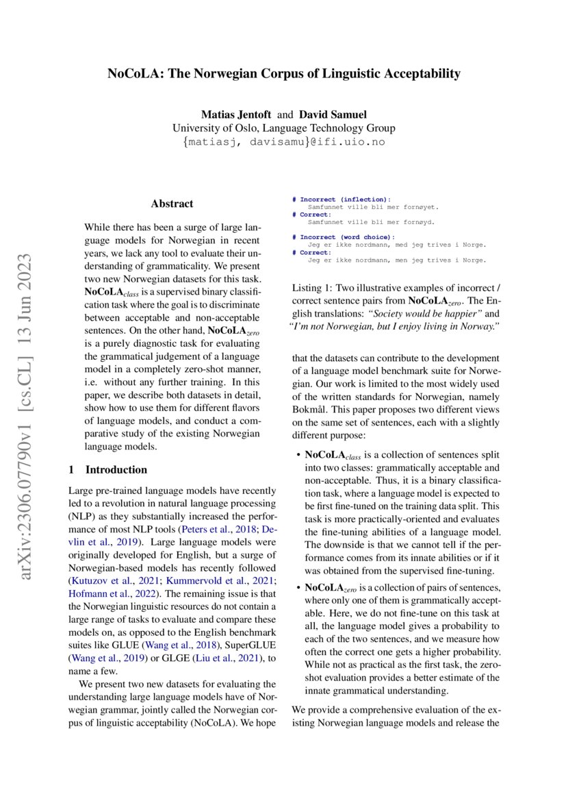 NoCoLA: The Norwegian Corpus of Linguistic Acceptability | DeepAI