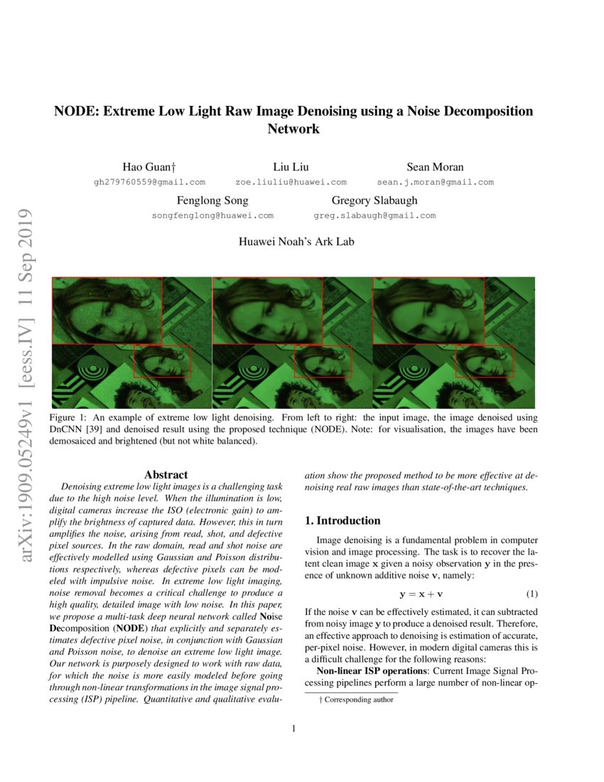 NODE: Extreme Low Light Raw Image Denoising using a Noise Decomposition Network | DeepAI