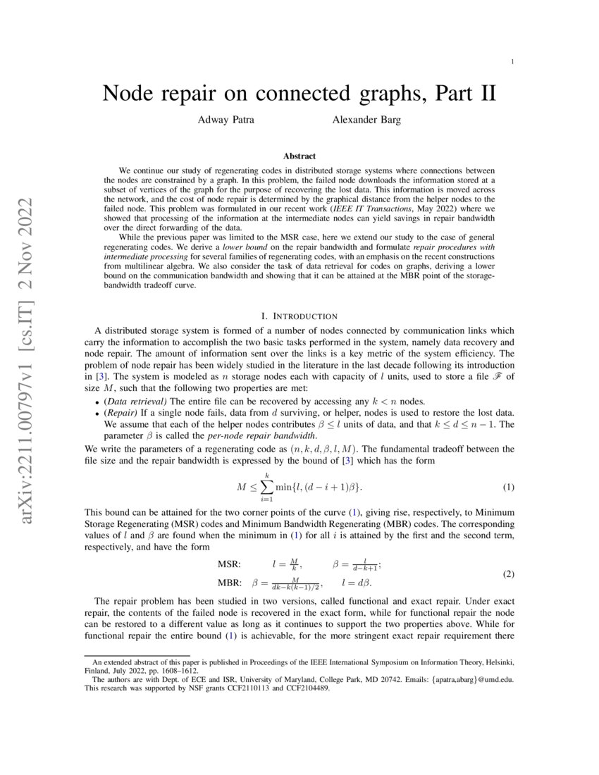 Node repair on connected graphs, Part II | DeepAI
