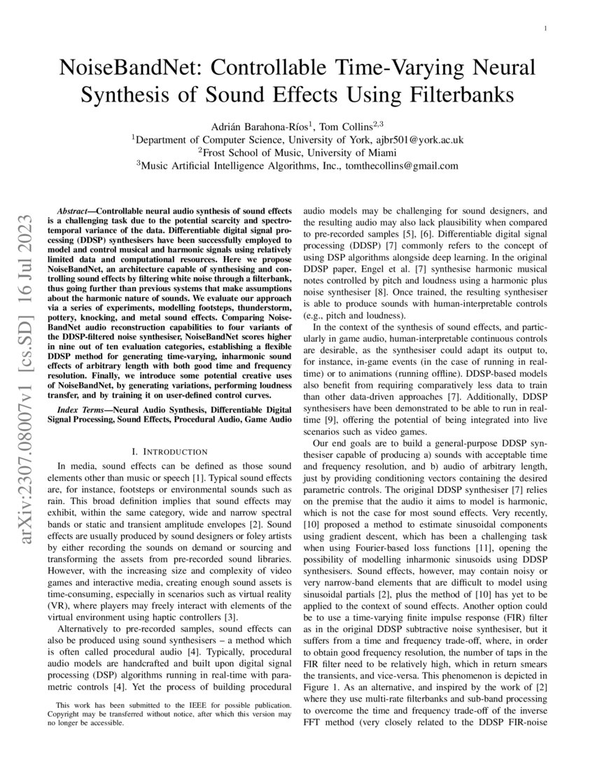 NoiseBandNet: Controllable Time-Varying Neural Synthesis of Sound Effects Using Filterbanks | DeepAI