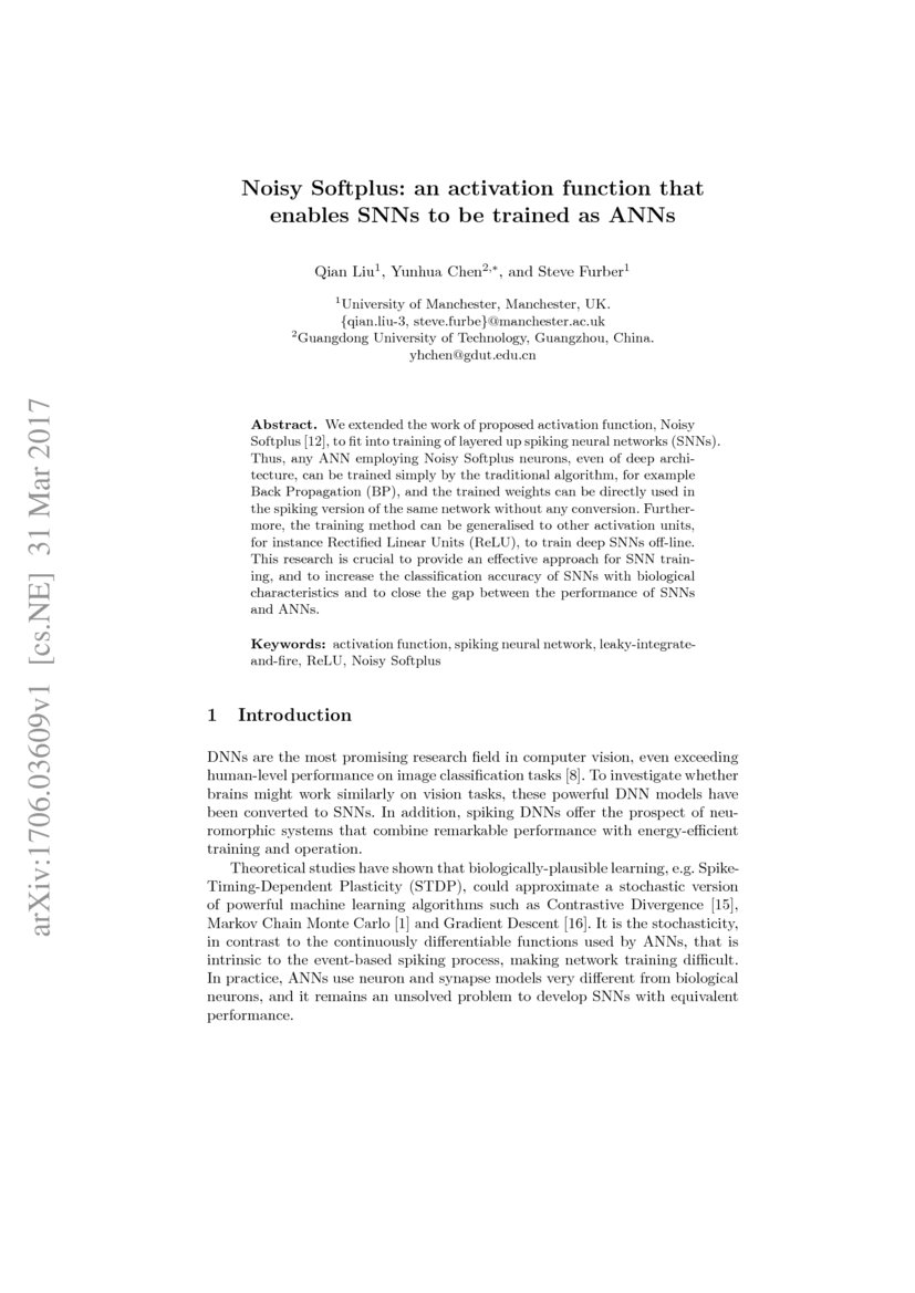 Noisy Softplus: an activation function that enables SNNs to be trained ...