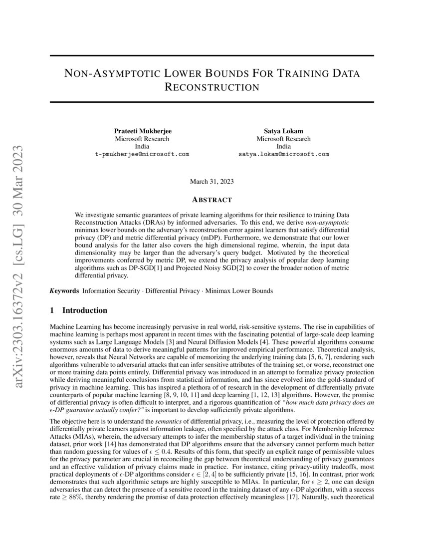 Non Asymptotic Lower Bounds For Training Data Reconstruction Deepai