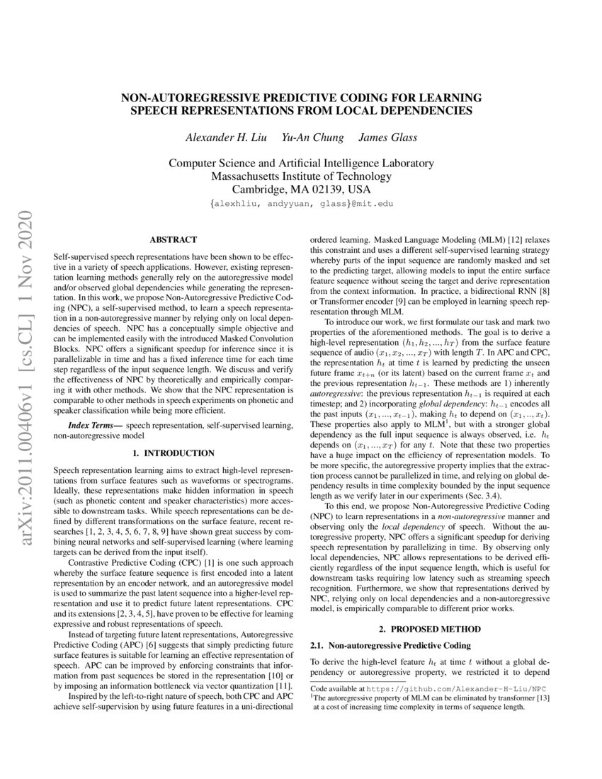 Non Autoregressive Predictive Coding For Learning Speech Representations From Local Dependencies