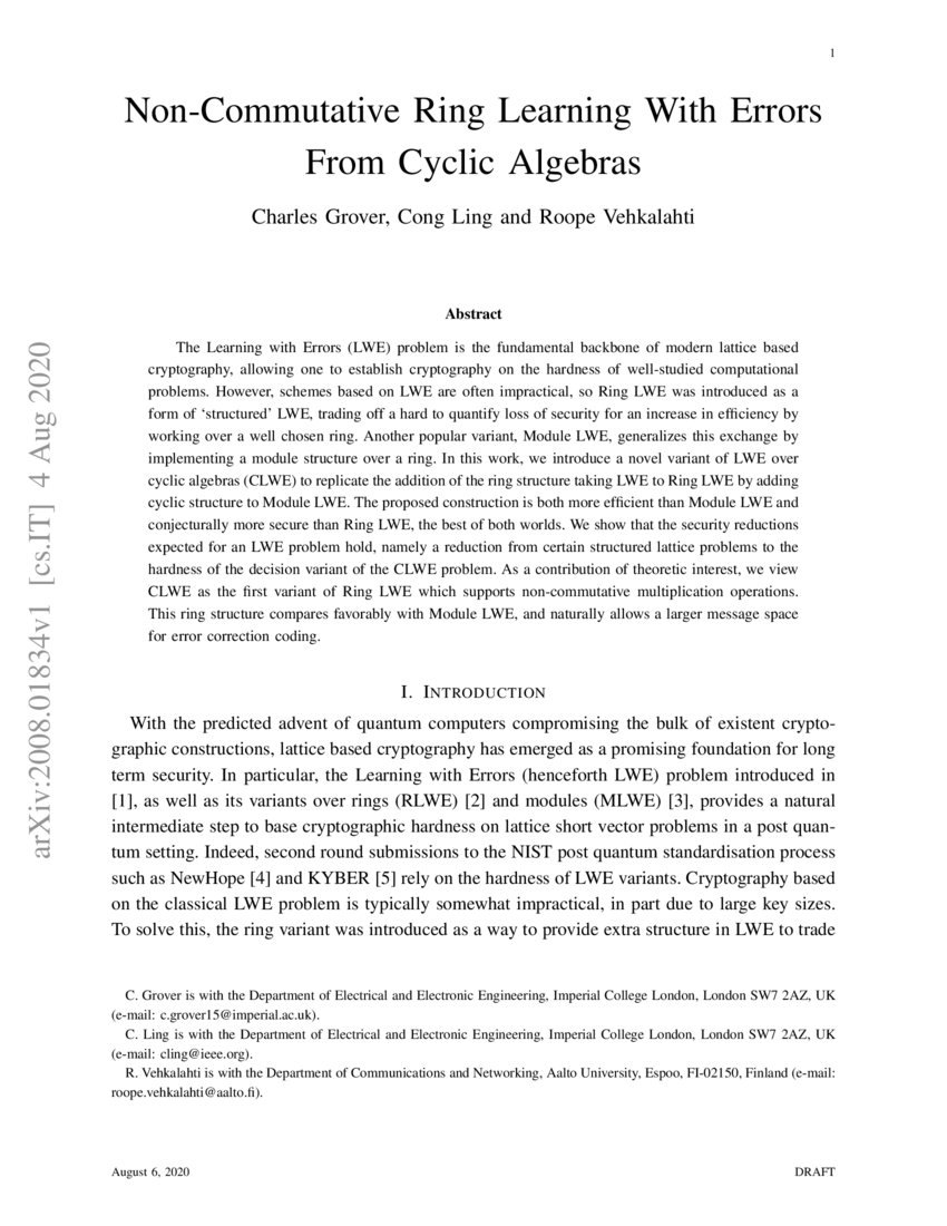 Non-Commutative Ring Learning With Errors From Cyclic Algebras | DeepAI