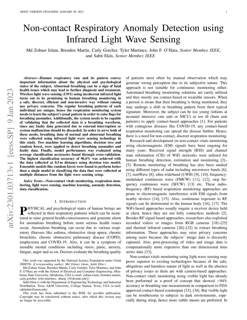 Non-contact Respiratory Anomaly Detection using Infrared Light Wave ...