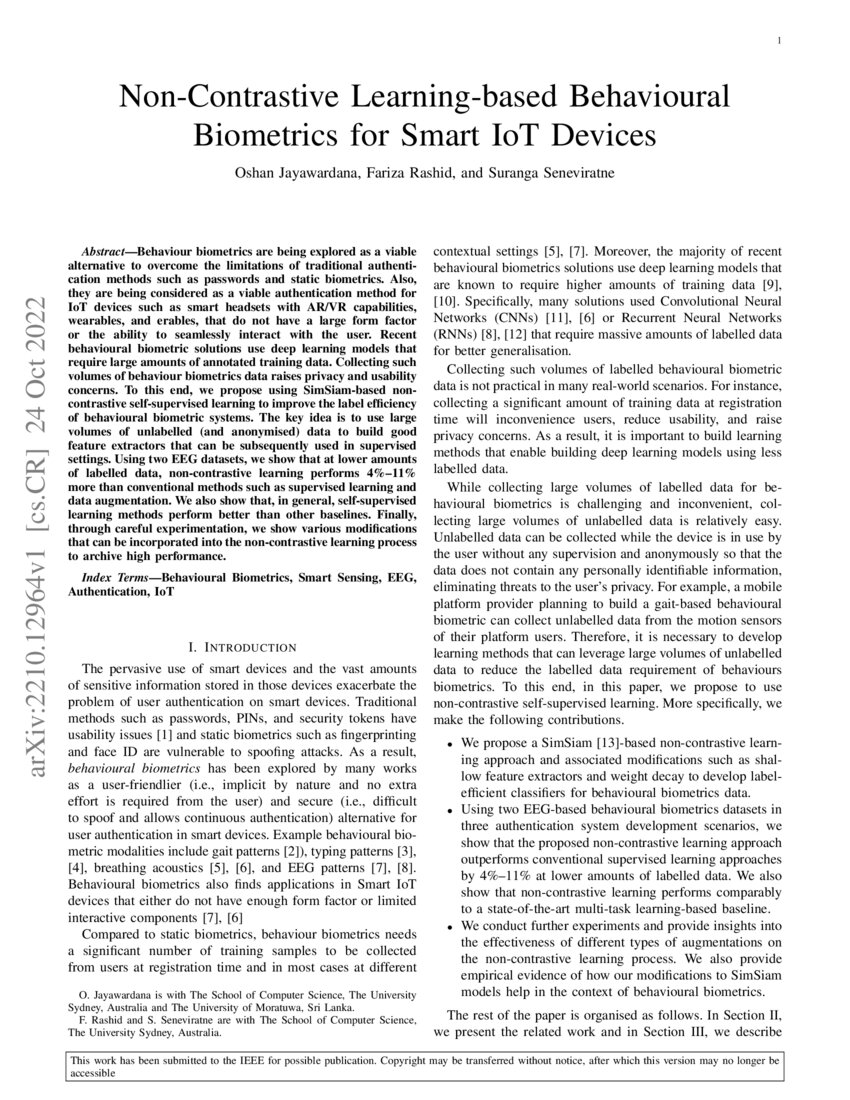 Non Contrastive Learning Based Behavioural Biometrics For Smart Iot Devices Deepai