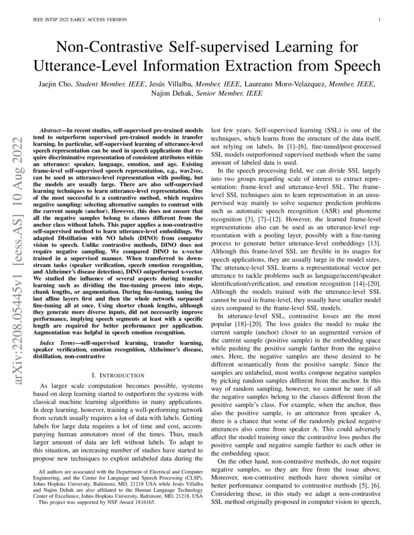 Non Contrastive Self Supervised Learning For Utterance Level