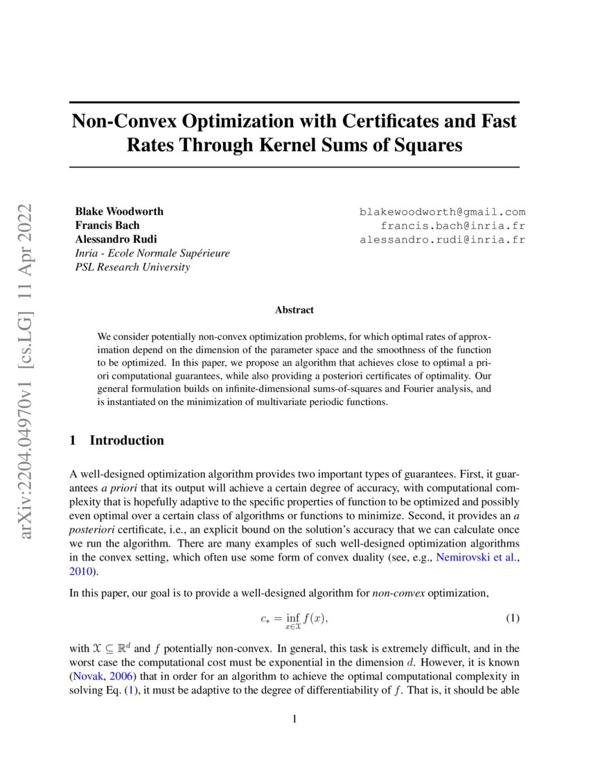 Non Convex Optimization With Certificates And Fast Rates Through Kernel