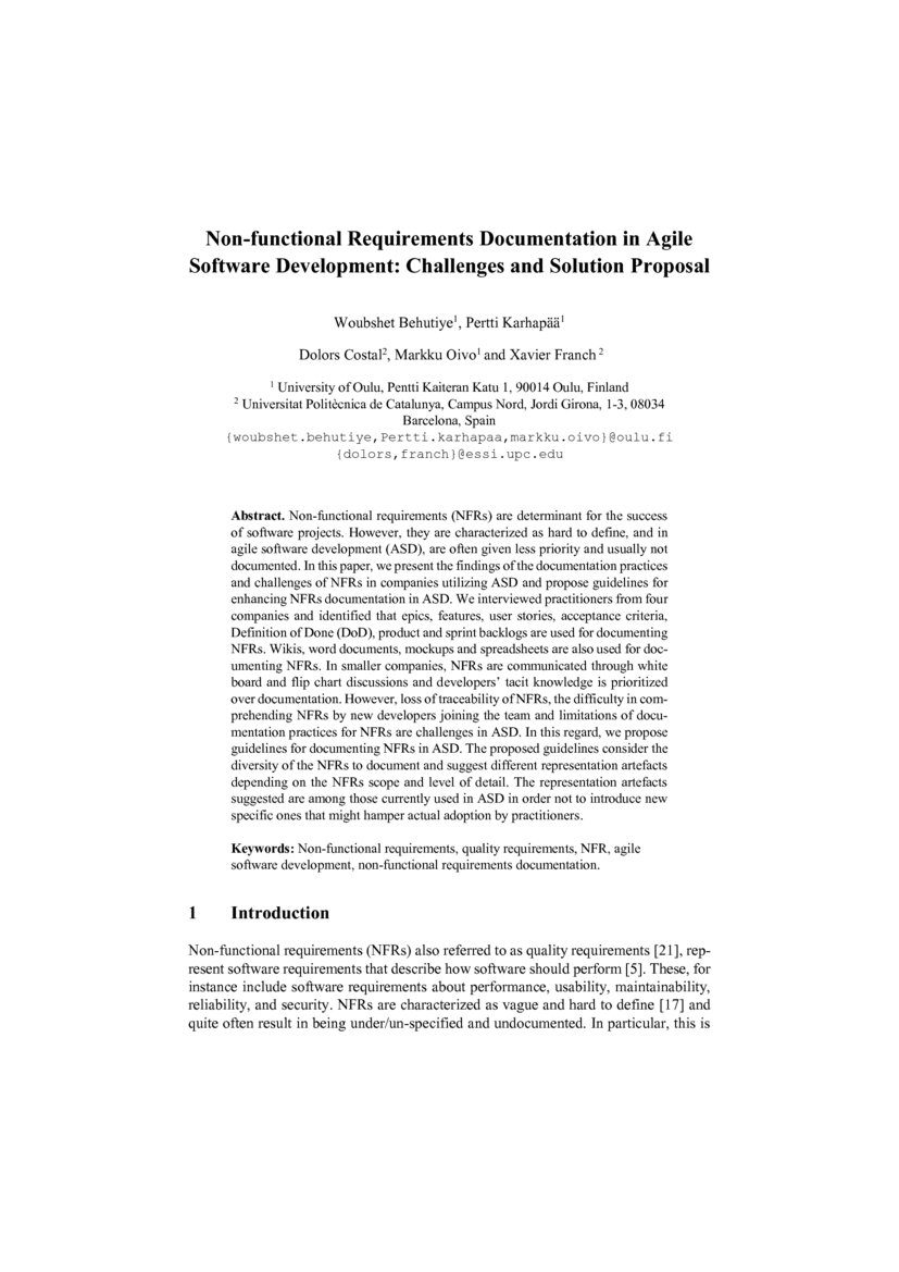 Non-functional Requirements Documentation in Agile Software Development: Challenges and Solution ...