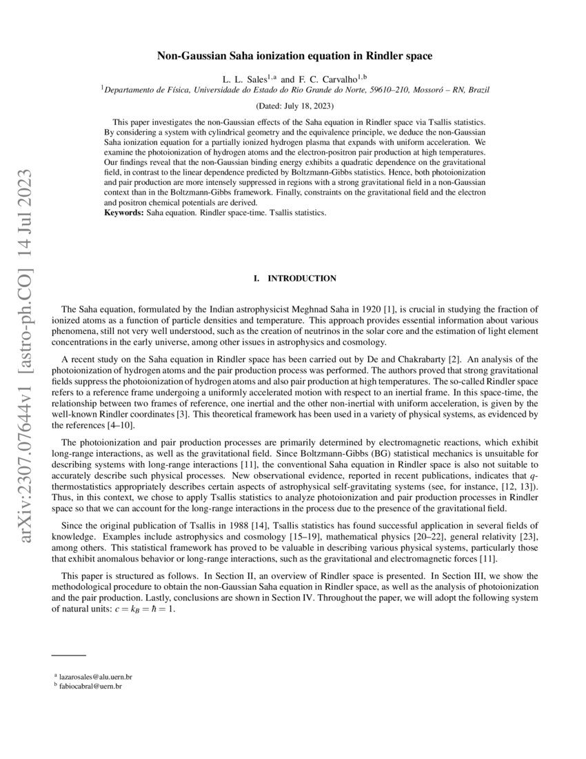 Non-Gaussian Saha ionization equation in Rindler space | DeepAI