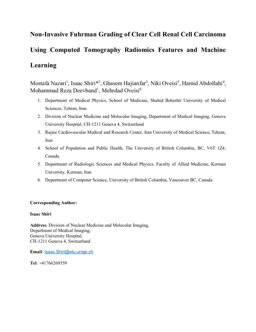 Non-Invasive Fuhrman Grading of Clear Cell Renal Cell Carcinoma Using ...