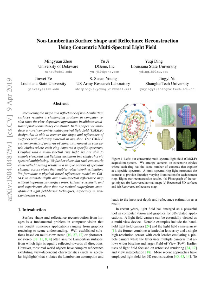 Non-Lambertian Surface Shape and Reflectance Reconstruction Using ... Non-Lambertian Surface Shape and Reflectance Reconstruction Using ...