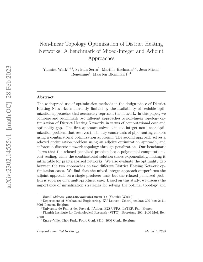 Non Linear Topology Optimization Of District Heating Networks A Benchmark Of Mixed Integer And