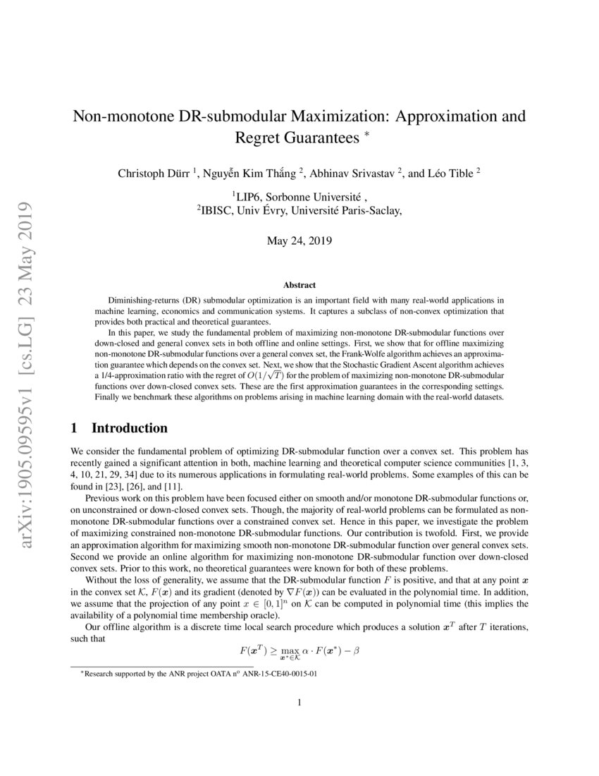 Non-monotone DR-submodular Maximization: Approximation and Regret ... Non-monotone DR-submodular Maximization: Approximation and Regret ...