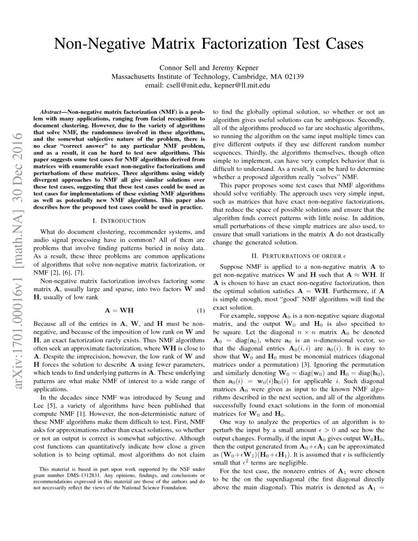 Non Negative Matrix Factorization Test Cases Deepai