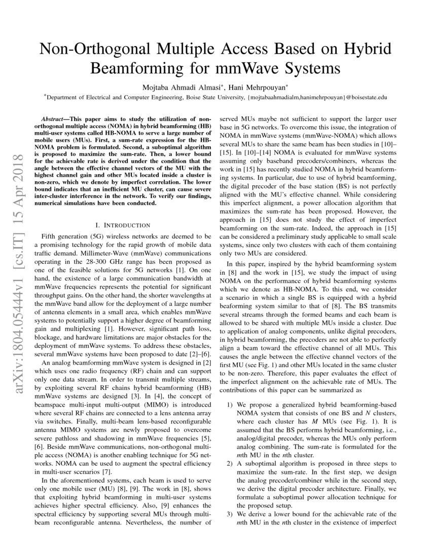 Non Orthogonal Multiple Access Based On Hybrid Beamforming For Mmwave Systems Deepai 