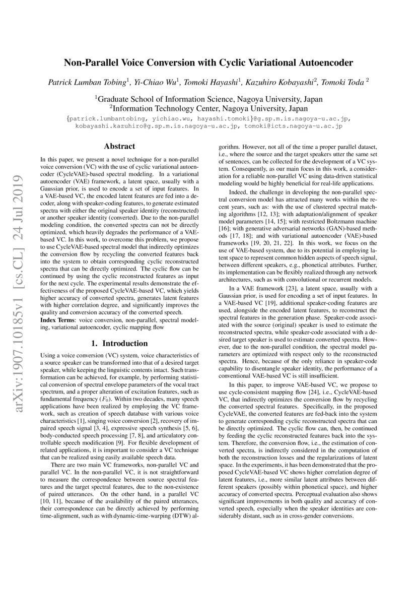 Non Parallel Voice Conversion With Cyclic Variational Autoencoder Deepai