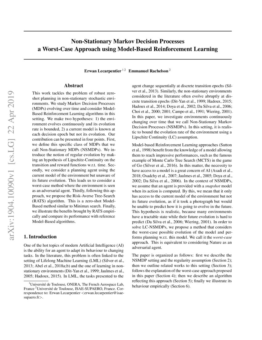Non Stationary Markov Decision Processes A Worst Case Approach Using Model Based Reinforcement