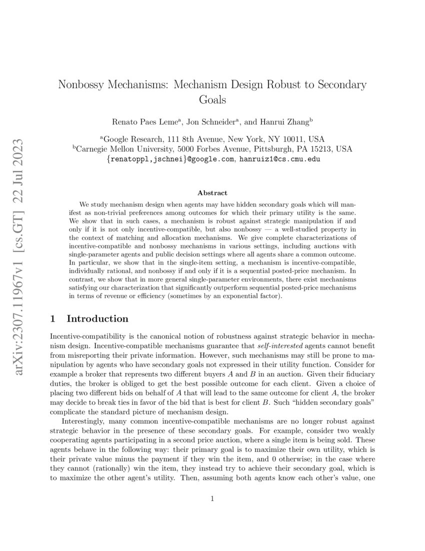 Nonbossy Mechanisms: Mechanism Design Robust to Secondary Goals | DeepAI