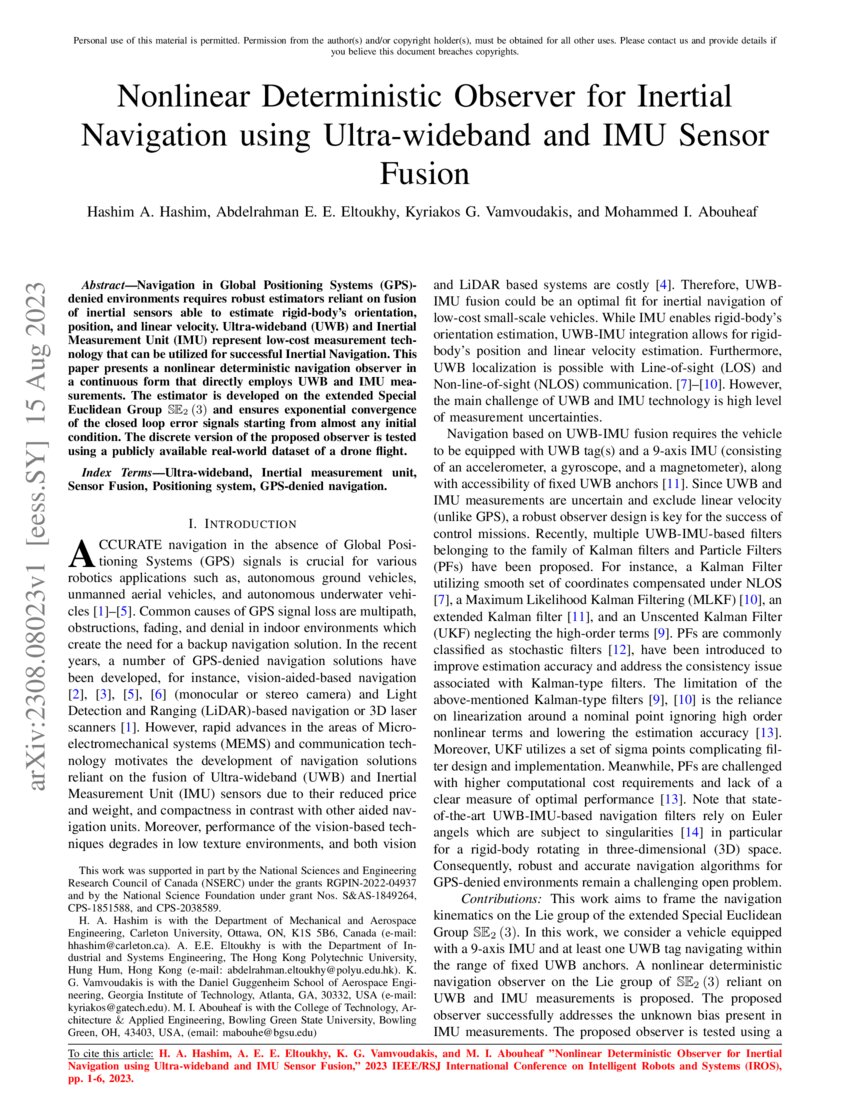 Nonlinear Deterministic Observer for Inertial Navigation using Ultra-wideband and IMU Sensor ...