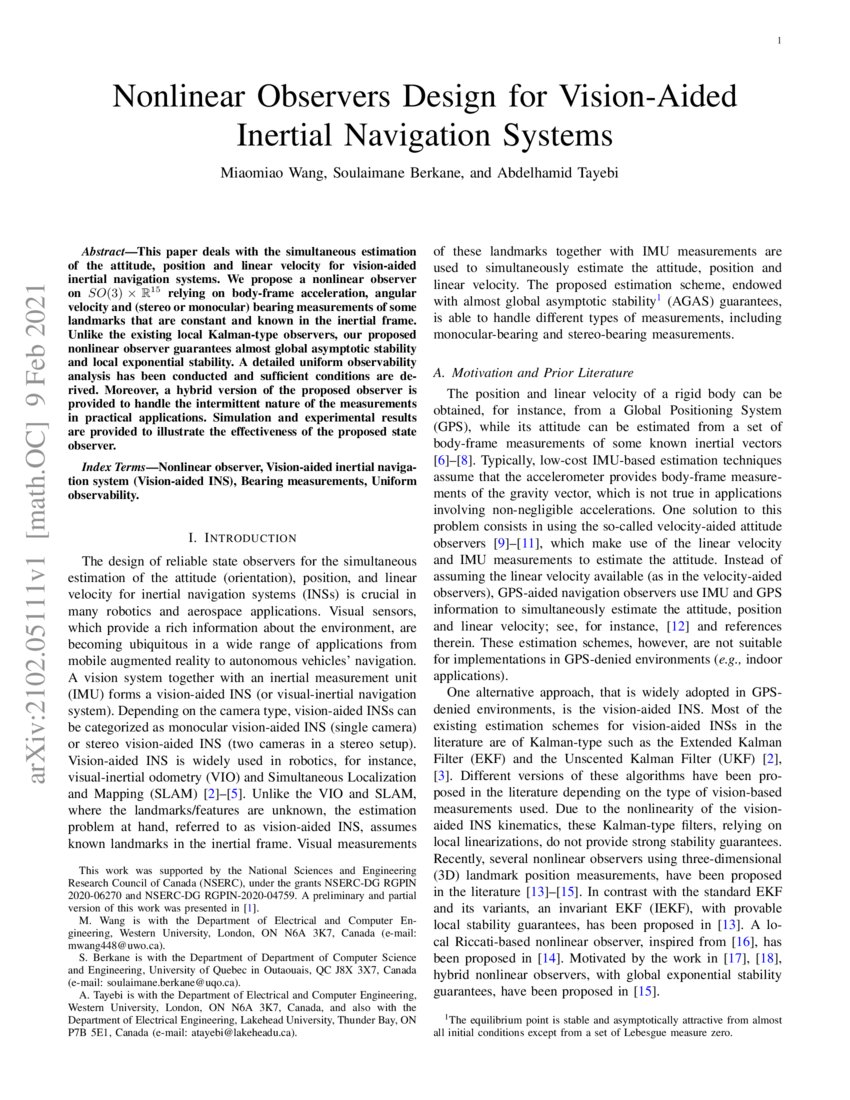 Nonlinear Observers Design for Vision-Aided Inertial Navigation Systems ...