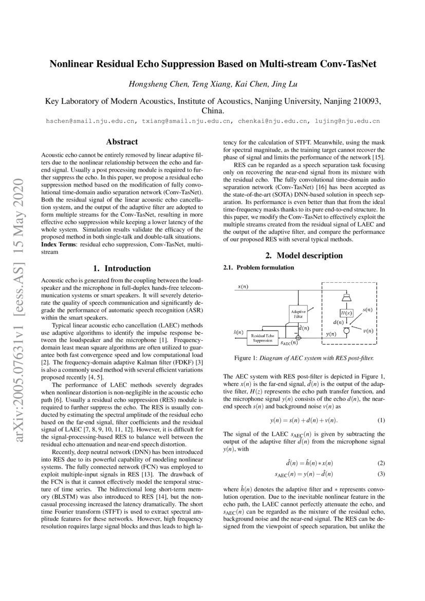 Nonlinear Residual Echo Suppression Based On Multi Stream Conv Tasnet Deepai
