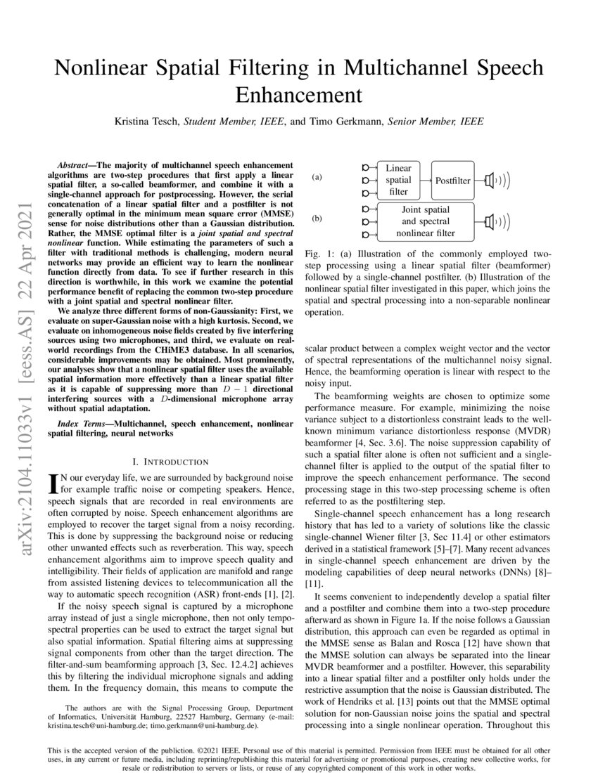 Nonlinear Spatial Filtering in Multichannel Speech Enhancement | DeepAI