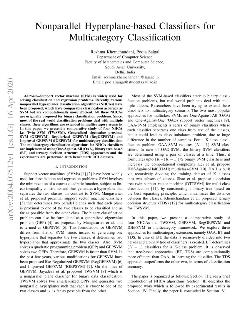 Nonparallel Hyperplane Classifiers for Multi-category Classification ...